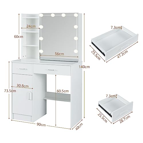 Vanity Set with 3 Color Lighted Mirror, Makeup Vanity Table with Storage Shelves & Drawers, Dressing Table Makeup Desk with Stool,White (H3071)