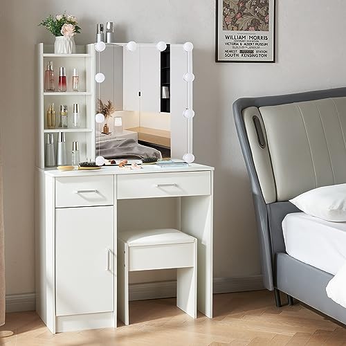 Vanity Set with 3 Color Lighted Mirror, Makeup Vanity Table with Storage Shelves & Drawers, Dressing Table Makeup Desk with Stool,White (H3071)