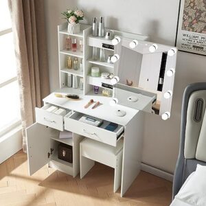 vanity set with 3 color lighted mirror, makeup vanity table with storage shelves & drawers, dressing table makeup desk with stool,white (h3071)