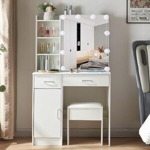 Vanity Set with 3 Color Lighted Mirror, Makeup Vanity Table with Storage Shelves & Drawers, Dressing Table Makeup Desk with Stool,White (H3071)