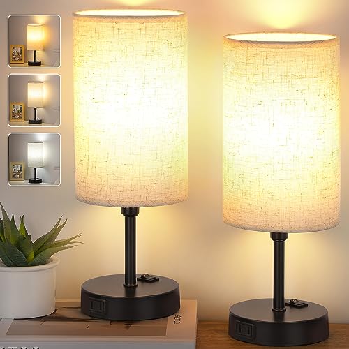 GGOYING Bedside Table Lamp, 3-Color Modes Bedroom Lamps 2700K 3500K 5000K with AC Outlet, Linen Cylindrical Lampshade for Livingroom Nightstand Office Reading Working(2-Pack, Bulb Included)