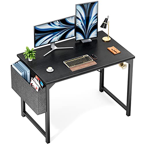 OLIXIS Computer Desk Writing Wood PC Table with Storage and Hooks for Bedroom, Home Office, 40 Inches, Black