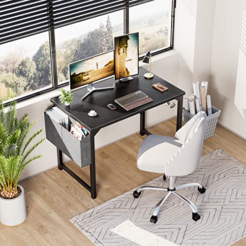 OLIXIS Computer Desk Writing Wood PC Table with Storage and Hooks for Bedroom, Home Office, 40 Inches, Black