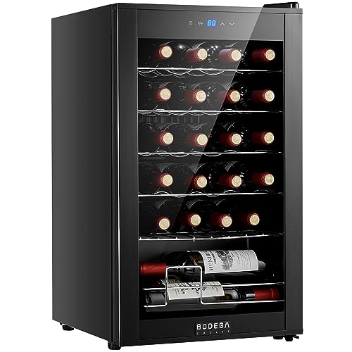 BODEGACOOLER 24 Bottle Compressor Wine Cooler, Freestanding Wine Cellar for Red, White or Champagne，Mini Fridge with 41-64.4°F Digital Temperature Control Glass Door