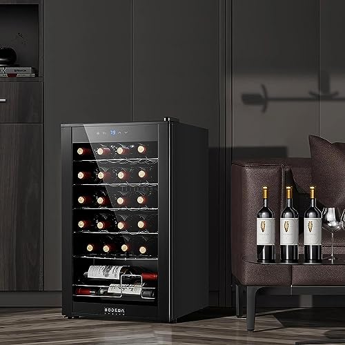 BODEGACOOLER 24 Bottle Compressor Wine Cooler, Freestanding Wine Cellar for Red, White or Champagne，Mini Fridge with 41-64.4°F Digital Temperature Control Glass Door