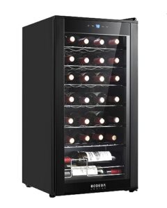 bodegacooler 28 bottle compressor wine cooler refrigerator, mini fridge with 41-64.4°f digital temperature control glass door,small freestanding wine refrigerator for red, white and champagne