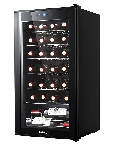 BODEGACOOLER 28 Bottle Compressor Wine Cooler Refrigerator, Mini Fridge with 41-64.4°F Digital Temperature Control Glass Door,Small Freestanding Wine Refrigerator for Red, White and Champagne