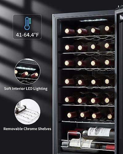 BODEGACOOLER 28 Bottle Compressor Wine Cooler Refrigerator, Mini Fridge with 41-64.4°F Digital Temperature Control Glass Door,Small Freestanding Wine Refrigerator for Red, White and Champagne