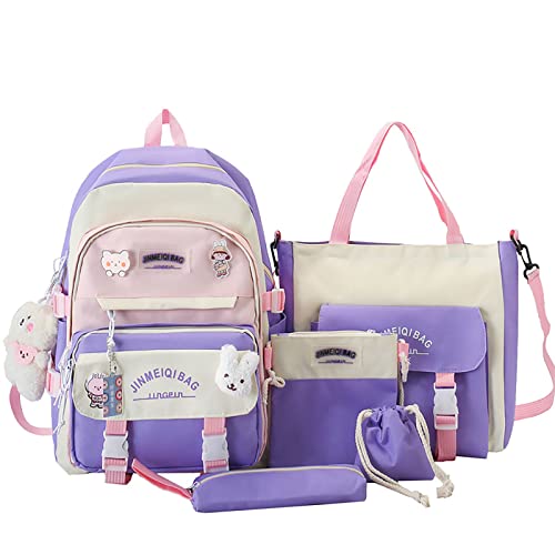 TUDERE Kawaii backpack set of 5 pieces aesthetic backpack for school teenage girls' daily necessities with charm and pins, pencil case, tote bag, small bag.