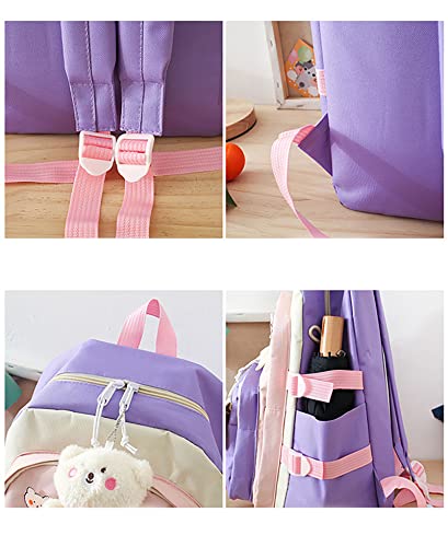 TUDERE Kawaii backpack set of 5 pieces aesthetic backpack for school teenage girls' daily necessities with charm and pins, pencil case, tote bag, small bag.