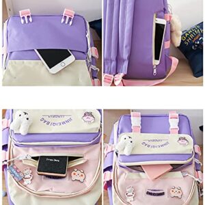 TUDERE Kawaii backpack set of 5 pieces aesthetic backpack for school teenage girls' daily necessities with charm and pins, pencil case, tote bag, small bag.