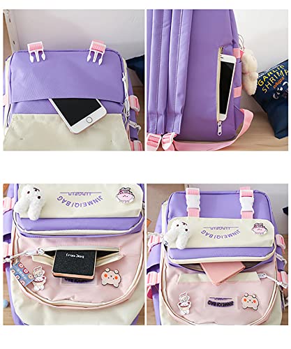 TUDERE Kawaii backpack set of 5 pieces aesthetic backpack for school teenage girls' daily necessities with charm and pins, pencil case, tote bag, small bag.