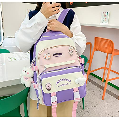 TUDERE Kawaii backpack set of 5 pieces aesthetic backpack for school teenage girls' daily necessities with charm and pins, pencil case, tote bag, small bag.