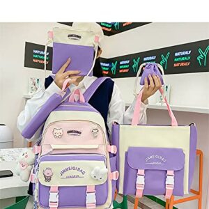 TUDERE Kawaii backpack set of 5 pieces aesthetic backpack for school teenage girls' daily necessities with charm and pins, pencil case, tote bag, small bag.