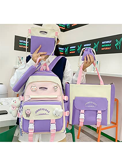 TUDERE Kawaii backpack set of 5 pieces aesthetic backpack for school teenage girls' daily necessities with charm and pins, pencil case, tote bag, small bag.