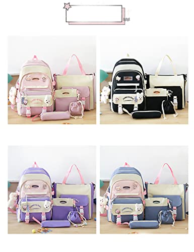 TUDERE Kawaii backpack set of 5 pieces aesthetic backpack for school teenage girls' daily necessities with charm and pins, pencil case, tote bag, small bag.