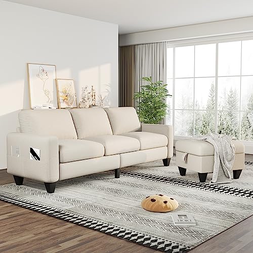 Lonkwa Convertible Sectional Sofa L-Shaped Couch, Beige Couches for Living Room with Reversible Chaise, 3-Seat Modern Linen Sectional Couch for Living Room/Apartment/Office/Small Space