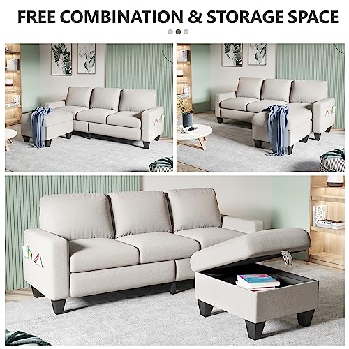 Lonkwa Convertible Sectional Sofa L-Shaped Couch, Beige Couches for Living Room with Reversible Chaise, 3-Seat Modern Linen Sectional Couch for Living Room/Apartment/Office/Small Space