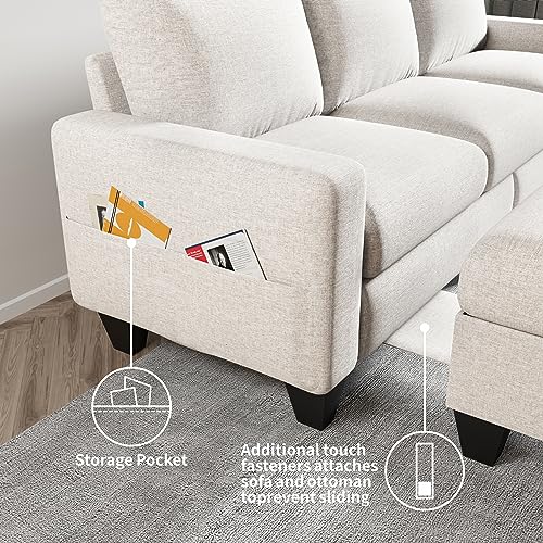 Lonkwa Convertible Sectional Sofa L-Shaped Couch, Beige Couches for Living Room with Reversible Chaise, 3-Seat Modern Linen Sectional Couch for Living Room/Apartment/Office/Small Space