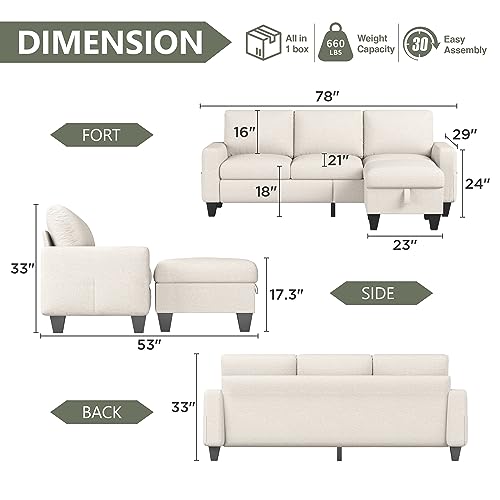 Lonkwa Convertible Sectional Sofa L-Shaped Couch, Beige Couches for Living Room with Reversible Chaise, 3-Seat Modern Linen Sectional Couch for Living Room/Apartment/Office/Small Space