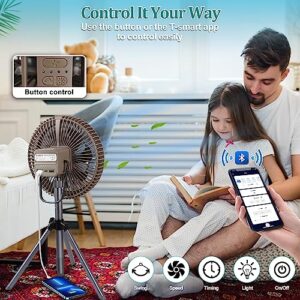 Smart Standing Fan, 9.5" Rechargeable Camping Fan Built in 10000 mAh Battery, Oscillating Fan with Adjustable Height Tripod, Floor Standing Fan with Bluetooth Connect APP Control Speeds, Timer, Lights