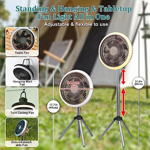 Smart Standing Fan, 9.5" Rechargeable Camping Fan Built in 10000 mAh Battery, Oscillating Fan with Adjustable Height Tripod, Floor Standing Fan with Bluetooth Connect APP Control Speeds, Timer, Lights