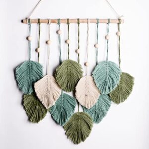 snuglife macrame wall hanging leaves - large chic feather wall hanging boho wall decor, handmade yarn woven wall art leaf tapestry for nursery, bedroom, living room, 17 x 22 inch (green, sage green & beige)