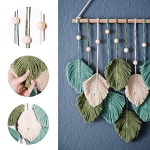 SnugLife Macrame Wall Hanging Leaves - Large Chic Feather Wall Hanging Boho Wall Decor, Handmade Yarn Woven Wall Art Leaf Tapestry for Nursery, Bedroom, Living Room, 17 X 22 Inch (Green, Sage Green & Beige)