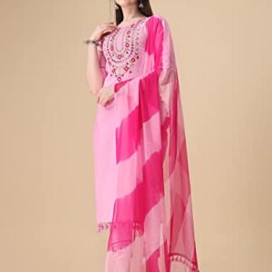 FamLady Embroidered Kurti Set with Pant and Dupatta Indian Art Silk Kurtis for Women (as1, alpha, m, regular, regular, Pink)