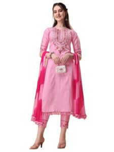 famlady embroidered kurti set with pant and dupatta indian art silk kurtis for women (as1, alpha, m, regular, regular, pink)