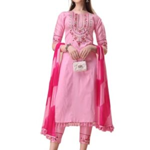 FamLady Embroidered Kurti Set with Pant and Dupatta Indian Art Silk Kurtis for Women (as1, alpha, m, regular, regular, Pink)