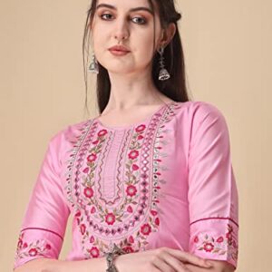 FamLady Embroidered Kurti Set with Pant and Dupatta Indian Art Silk Kurtis for Women (as1, alpha, m, regular, regular, Pink)