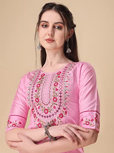 FamLady Embroidered Kurti Set with Pant and Dupatta Indian Art Silk Kurtis for Women (as1, alpha, m, regular, regular, Pink)