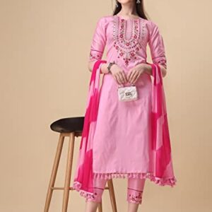 FamLady Embroidered Kurti Set with Pant and Dupatta Indian Art Silk Kurtis for Women (as1, alpha, m, regular, regular, Pink)