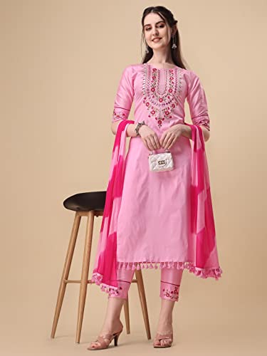 FamLady Embroidered Kurti Set with Pant and Dupatta Indian Art Silk Kurtis for Women (as1, alpha, m, regular, regular, Pink)