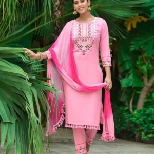 FamLady Embroidered Kurti Set with Pant and Dupatta Indian Art Silk Kurtis for Women (as1, alpha, m, regular, regular, Pink)