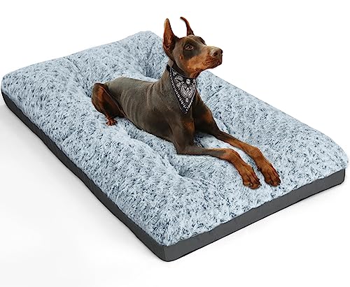 POCBLUE Deluxe Washable Dog Bed for Large Dogs Dog Crate Mat 36 Inch Comfy Fluffy Kennel Pad Anti-Slip for Dogs Up to 70 lbs, 36" x 23", Grey