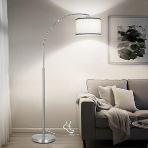 arc floor lamp for living room, silver modern standing lamp with adjustable head tall pole lamp with on/off pedal switch, over couch arched tall standing light for reading bedroom 9w led bulb included