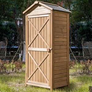 outdoor storage cabinet, wood garden shed with detachable shelves, outside tool shed, vertical organizer cabinet with lockable doors for outside, storage sheds for garden and yard (brown)