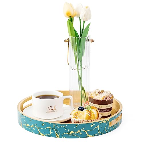 Santentre Bamboo Serving Tray with Handles,Round Decorative Tray,Trays for Coffee Table,Kitchen Table,Serving Food,Eating,Party,Circle Tray for Home Decor,Tea Serving Tray for Breakfast in Bed