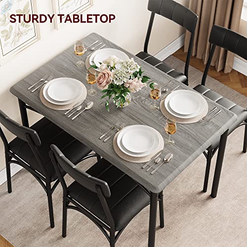 IDEALHOUSE Kitchen Table Set with Chairs, Dining Table Set for 4, Metal and Wood Rectangular Dining Room Table Set with 4 Upholstered Chairs, 5 Piece Dining Set for Small Space, Apartment, Rustic Grey