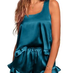 Ekouaer Silk Pajamas Set Women Satin Sleepwear 2 Piece Pjs Tank Top and Shorts Sleep Nightwear Gift Blue Green M