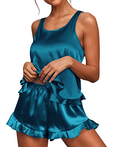 Ekouaer Silk Pajamas Set Women Satin Sleepwear 2 Piece Pjs Tank Top and Shorts Sleep Nightwear Gift Blue Green M