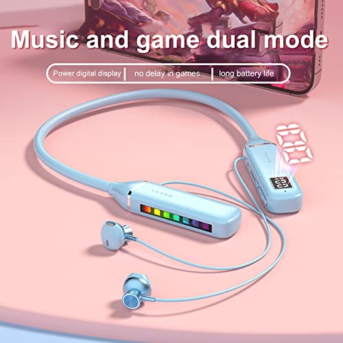 Yunseity Bluetooth 5.3 Neckband Headphones, LED Power Display Wireless Earbuds, Long Playtime in Ear Earphone Stereo Bass Headset with RGB Backligh for Sports Music Conference (Blue)