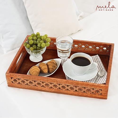 Wooden Medium Polish Decorative Trays w/Handles - “Trellis” Farmhouse Tray for Coffee Table - Wood Serving Tray for Breakfast in Bed - Mango Wood Decorative Tray w/Felt Pads - 14” x 10” x 2.5”