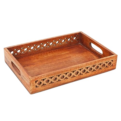 Wooden Medium Polish Decorative Trays w/Handles - “Trellis” Farmhouse Tray for Coffee Table - Wood Serving Tray for Breakfast in Bed - Mango Wood Decorative Tray w/Felt Pads - 14” x 10” x 2.5”