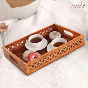 Wooden Medium Polish Decorative Trays w/Handles - “Trellis” Farmhouse Tray for Coffee Table - Wood Serving Tray for Breakfast in Bed - Mango Wood Decorative Tray w/Felt Pads - 14” x 10” x 2.5”