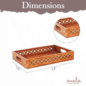 Wooden Medium Polish Decorative Trays w/Handles - “Trellis” Farmhouse Tray for Coffee Table - Wood Serving Tray for Breakfast in Bed - Mango Wood Decorative Tray w/Felt Pads - 14” x 10” x 2.5”