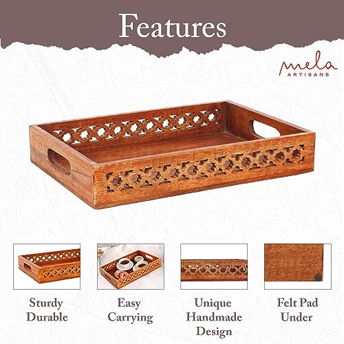 Wooden Medium Polish Decorative Trays w/Handles - “Trellis” Farmhouse Tray for Coffee Table - Wood Serving Tray for Breakfast in Bed - Mango Wood Decorative Tray w/Felt Pads - 14” x 10” x 2.5”