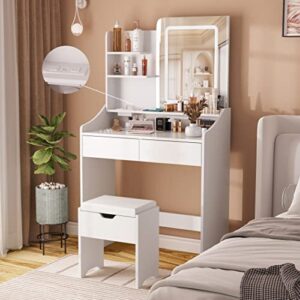 Vabches Vanity Desk with LED Light Mirror and Charging Station, Small Cute Vanity Set with 4 Storage Shelves 2 Drawers, Vanity for Girls Women with Storage Stool, Vanity Table for Bedroom (White)